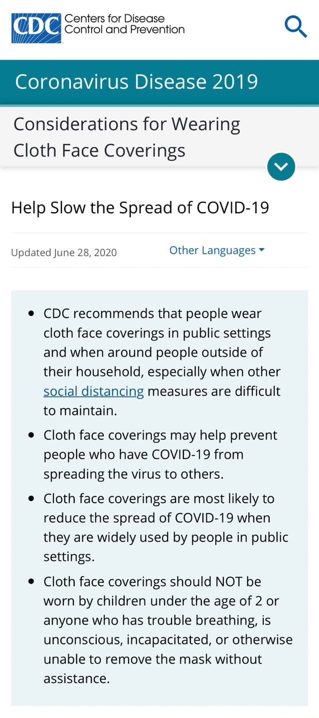 Coronavirus Disease 2019 Considerations for Wearing Cloth Face ...