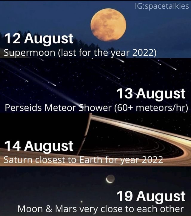 12 August Supermoon (last for the year 2022) 13 August Perseids Meteor ...