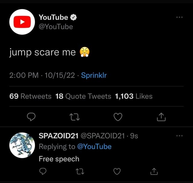 Free speech - YouTube @YouTube jump scare me PM - - Sprinklr SPAZOID21 ...