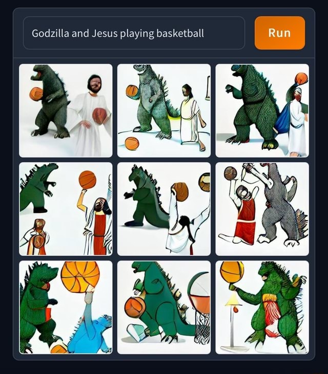 Godzilla and Jesus playing basketball Run - iFunny