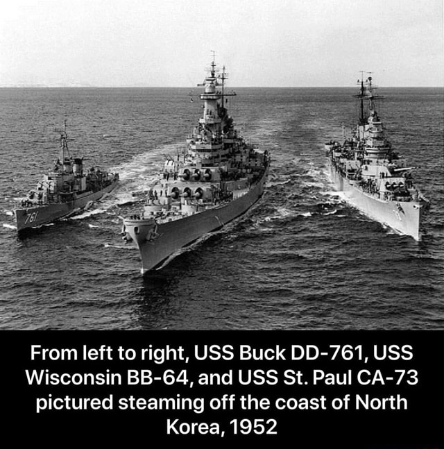 From left to right, USS Buck DD-761, USS Wisconsin BB-64, and USS St ...