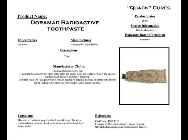 "QUACK" CURES Product Name: Product dates DORAMAD RADIOACTIVE ource ...