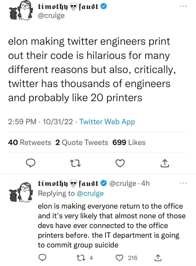 Elon making twitter engineers print out their code is hilarious for ...