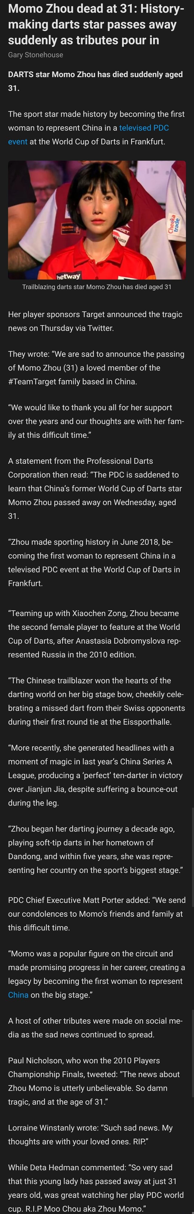 Momo Zhou dead at 31: History- making darts star passes away suddenly ...