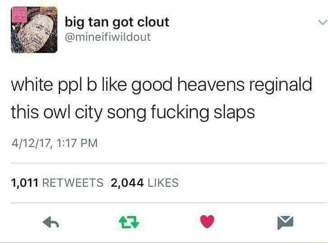 White ppl b like good heavens reginald this owl city song fucking slaps ...