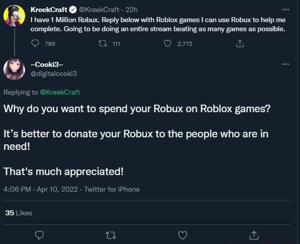 KreekCraft @ @KreekCraft - Thave Million Robux. Reply below with Roblox ...