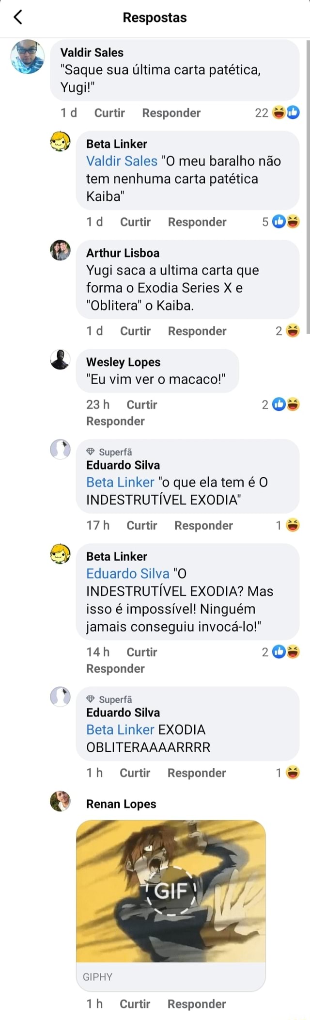 Respostas Valdir Sales "Saque sua última carta patética, Yugi!" Curtir Responder 2260 Beta ...
