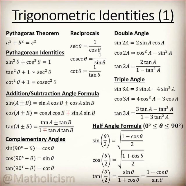 Trigonometric Identities (1) Pythagoras Theorem Reciprocals Double ...