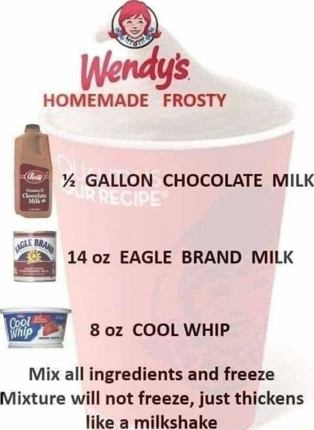 HOMEMADE FROSTY % GALLON CHOCOLATE MILK 14 oz EAGLE BRAND MILK 8 COOL ...