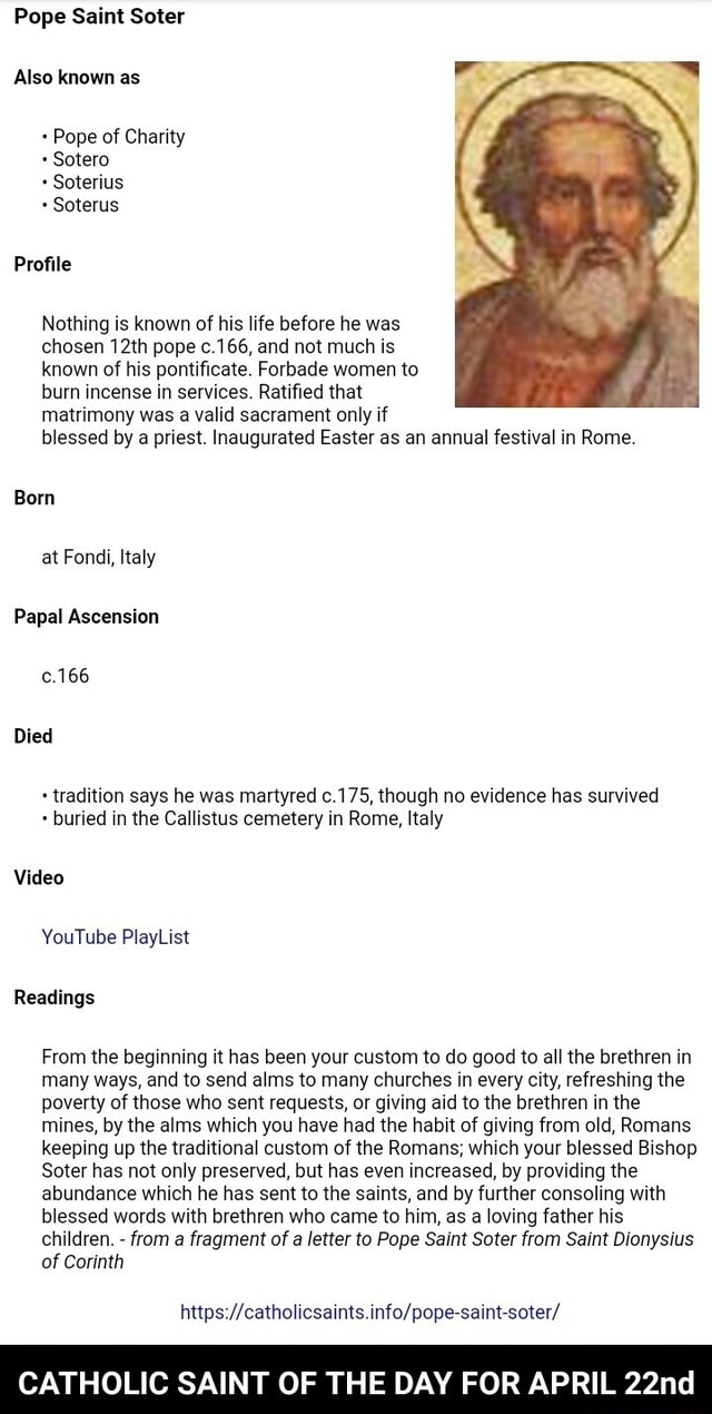 Pope Saint Soter Also known as Pope of Charity + Sotero + Soterius ...