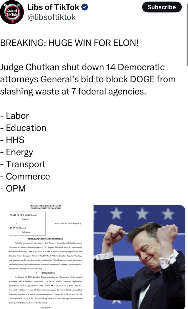 @ Libs of TikTok @libsoftiktok @ BREAKING: HUGE WIN FOR ELON! Judge ...