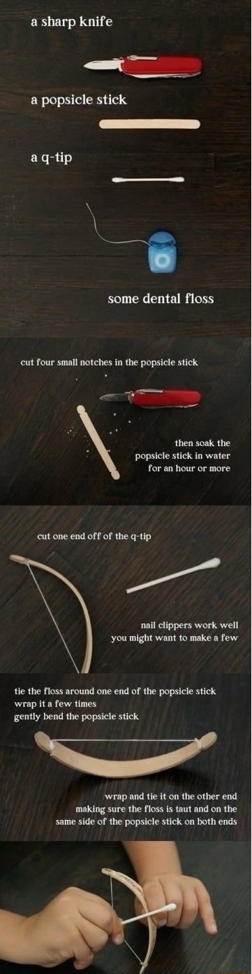 A sharp knife a popsicle stick aq-tip some dental floss cut four small ...