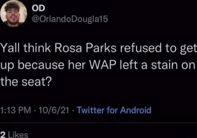 Yall think Rosa Parks refused to get up because her WAP left a stain on ...