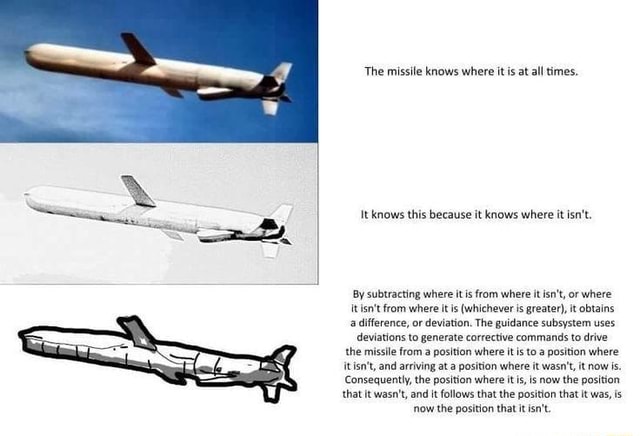 The missile knows where it is at all times. because it knows where it isn't. By subtracting ...
