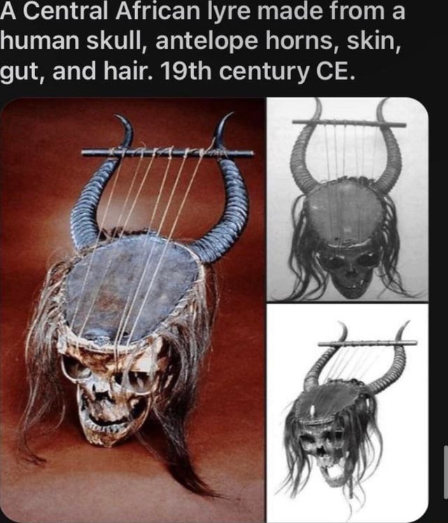A Central African lyre made from a human skull, antelope horns, skin ...