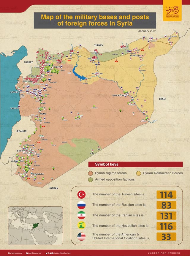 Map of the military bases and posts of foreign forces in Syria January ...