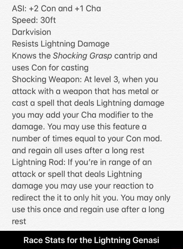 Speed: 30ft Darkvision Resists Lightning Damage Knows the Shocking ...