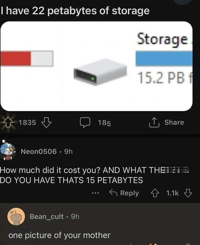 I have 22 petabytes of storage I Storage 15.2 PB af isas 185 Share ...