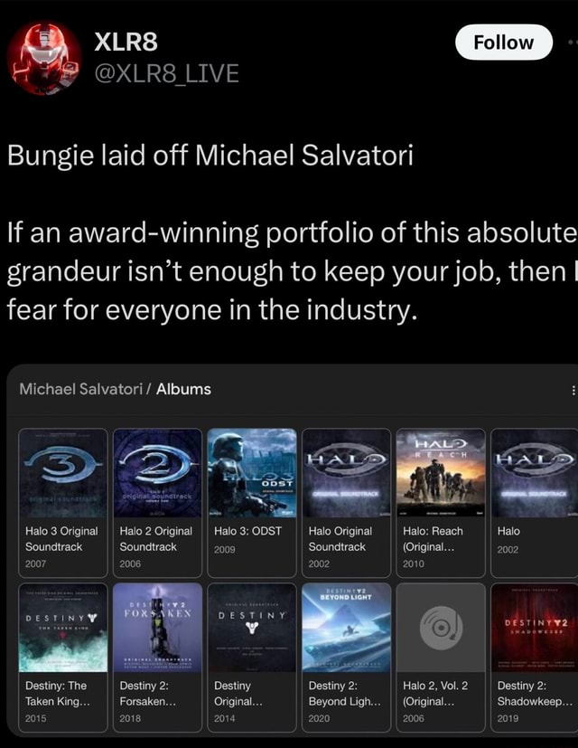 Bungie laid off Michael Salvatori If an award-winning portfolio of this absolute grandeur isn't ...