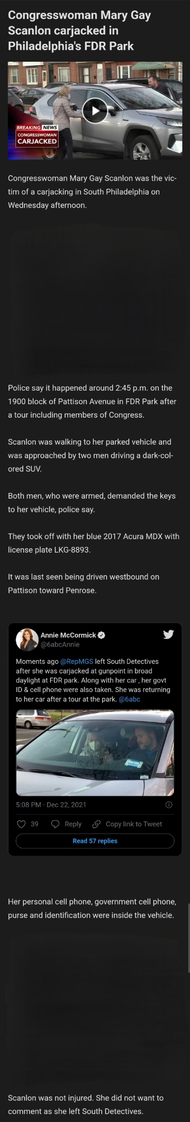 Congresswoman Mary Gay Scanlon carjacked in Philadelphia's FDR Park ...