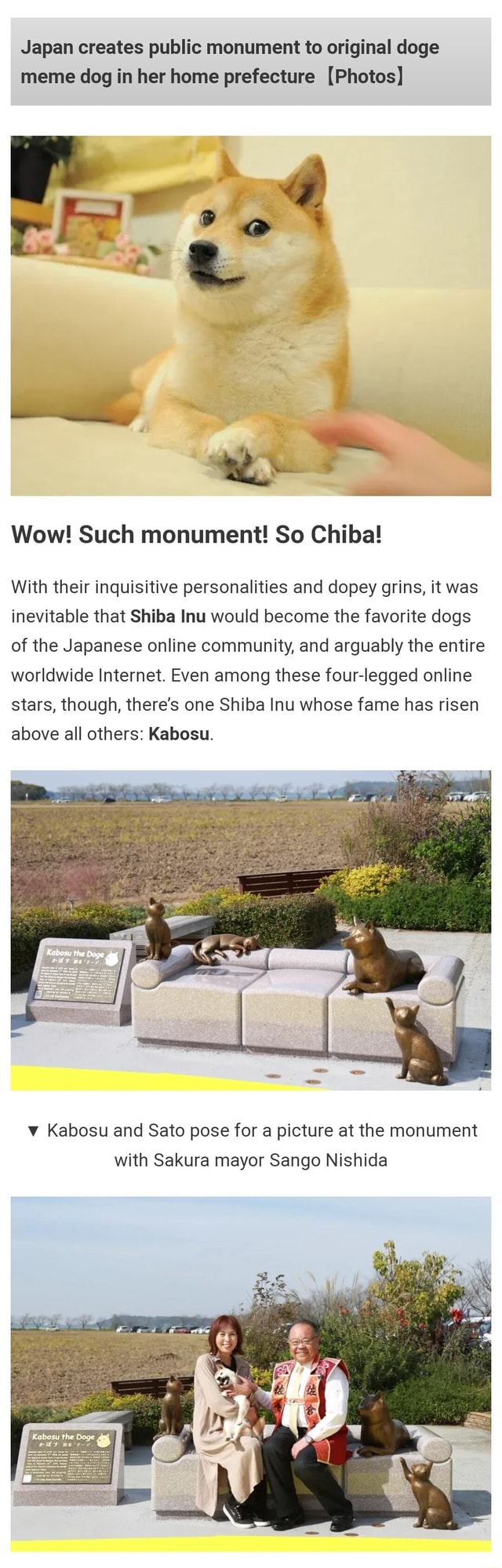 Japan creates public monument to original doge meme dog in her home ...