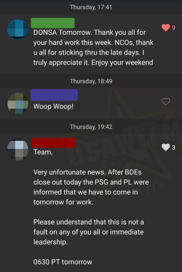 Thursday, DONSA Tomorrow. Thank you all for your hard work this week ...