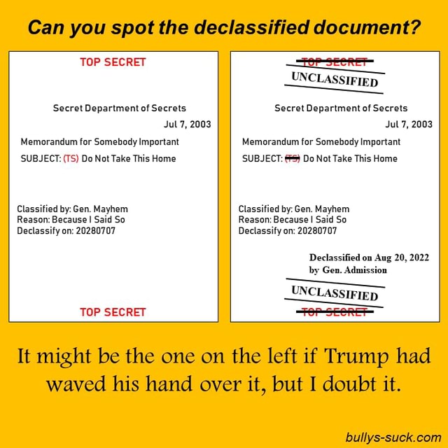 Can you spot the declassified document? TOP SECRET Secret Department of Secrets Jul 7, 2003 ...