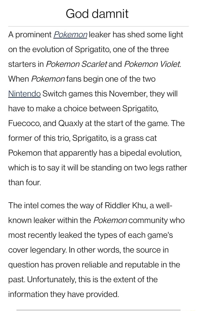 God damnit A prominent Pokemon leaker has shed some light on the ...