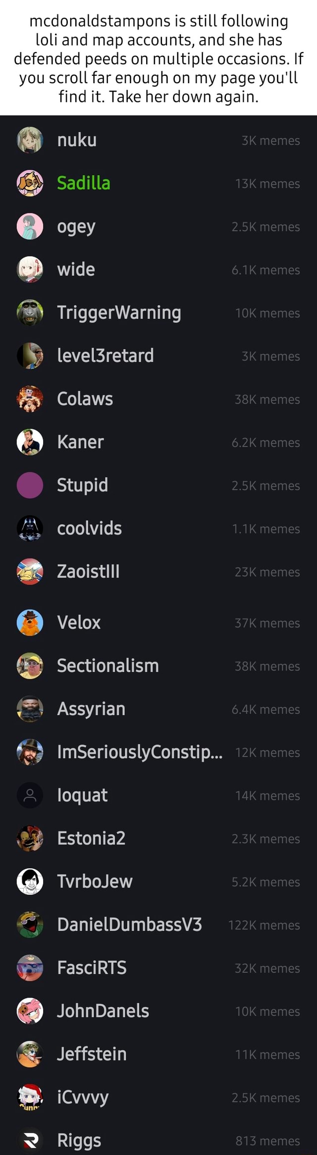 Medonaldstampons is still following loli and map accounts, and she has ...