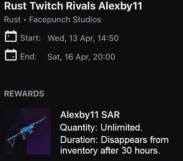 Rust Twitch Rivals Alexby11 Rust Facepunch Studios Start: Wed, 13 Apr ...