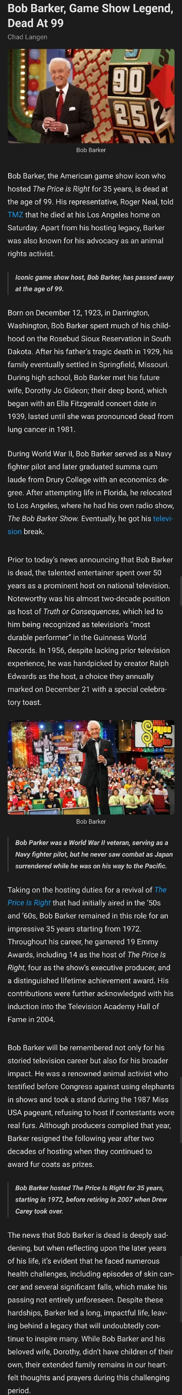 Bob Barker, Game Show Legend, Dead At 99 Chad Langen Bob Barker Bob ...