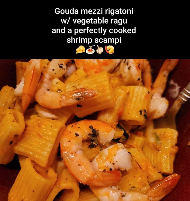 Gouda mezzi rigatoni w/ vegetable ragu and a perfectly cooked shrimp ...