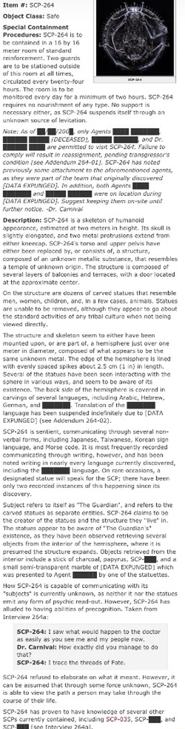 Object Class: Sate Special Containment Procedures: SCP-264 is to be contained Ina 15 by 16 meter ...