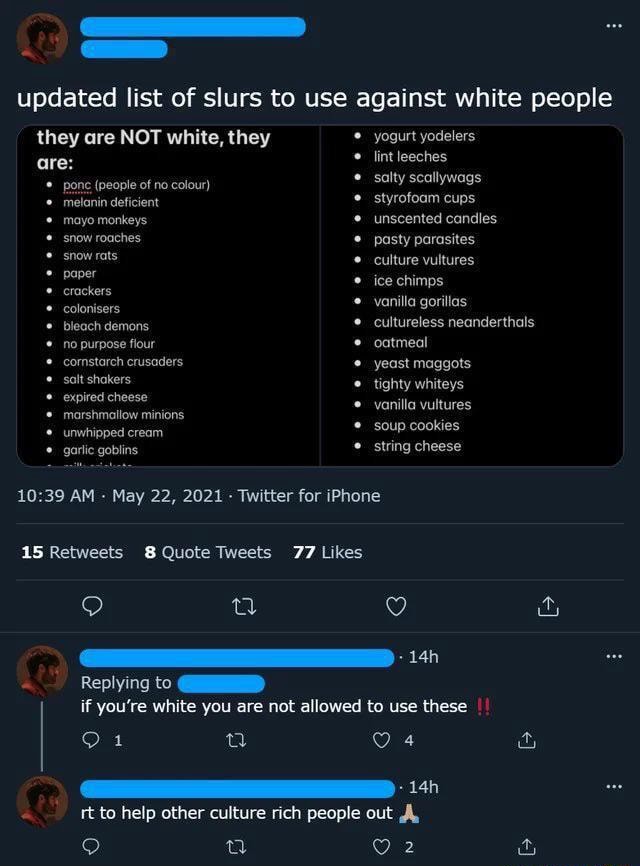 Updated list of slurs to use against white people CC) they are NOT ...