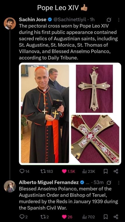 Pope Leo XIV es Sachin Jose @ @Sachinettiyil th The pectoral cross worn by Pope Leo XIV during ...