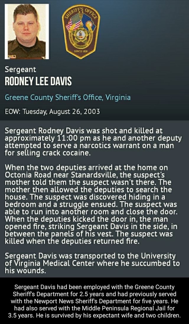 Sergeant RODNEY LEE DAVIS Greene County Sheriff's Office, Virginia EOW ...