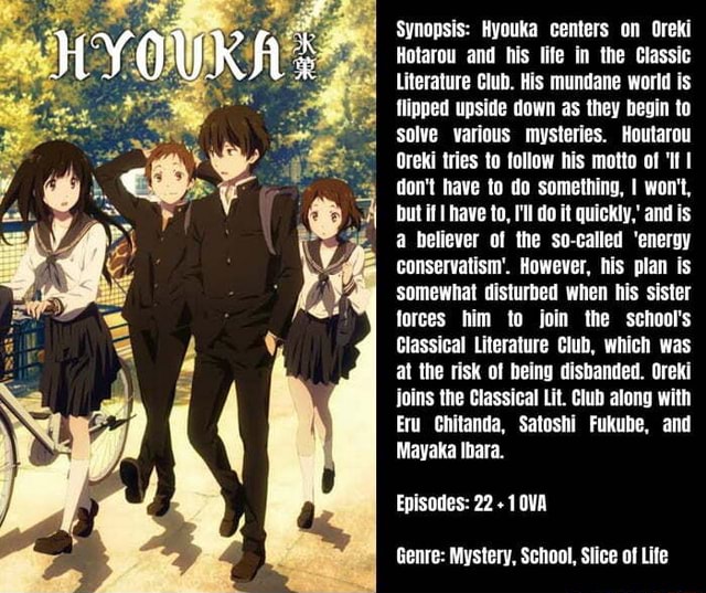 Synopsis: Hyouka centers on Oreki Hotarou and his life in the Classic ...