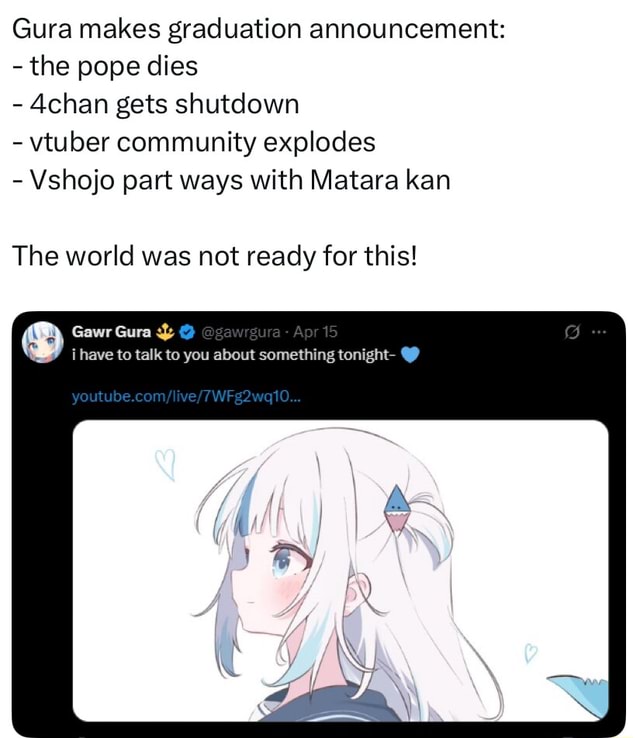 Gura makes graduation announcement: - the pope dies - 4chan gets ...