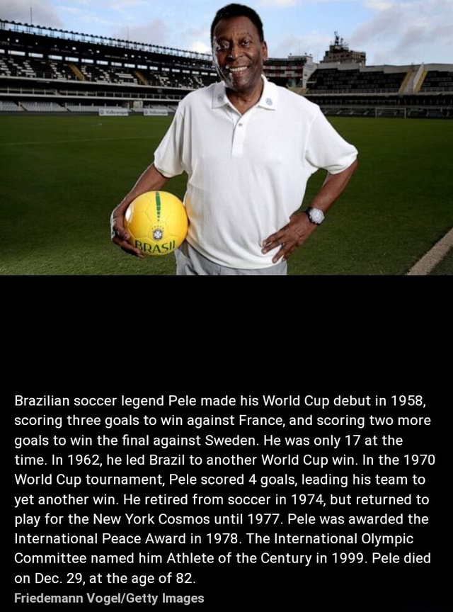Brazilian soccer legend Pele made his World Cup debut in 1958, scoring ...