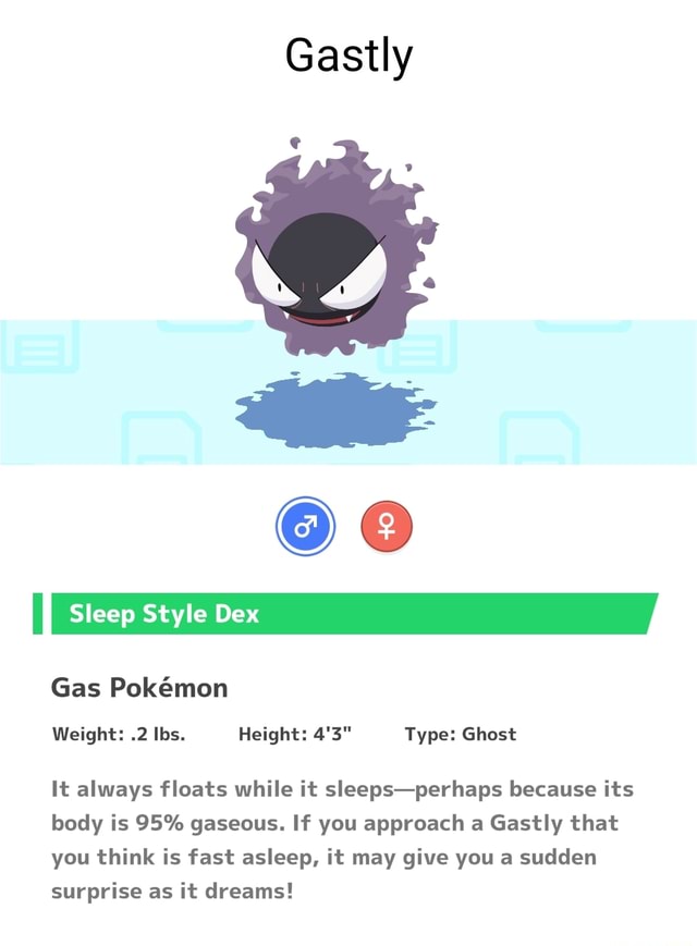 Gastly Sleep Style Dex Gas Pokemon Weight: .2 Ibs. Height: 4'3" Type ...