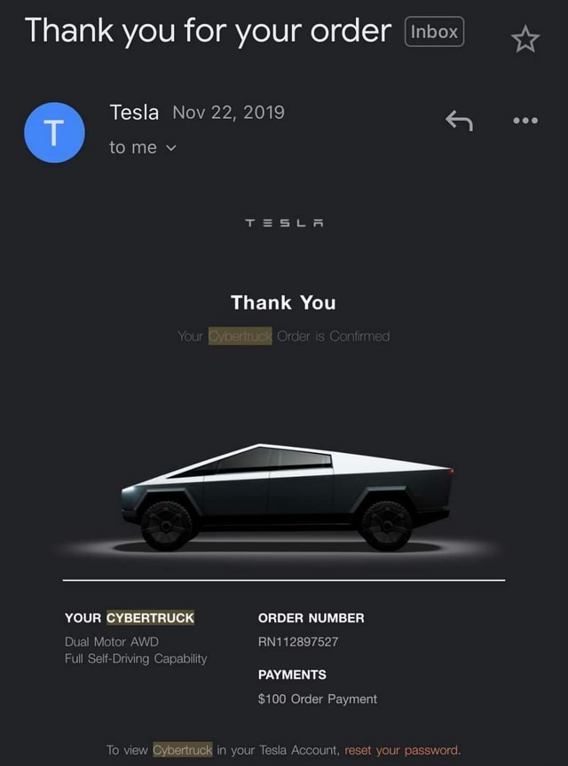 Thank you for your order inbox Tesla Nov 22, 2019 to me v Thank You ...