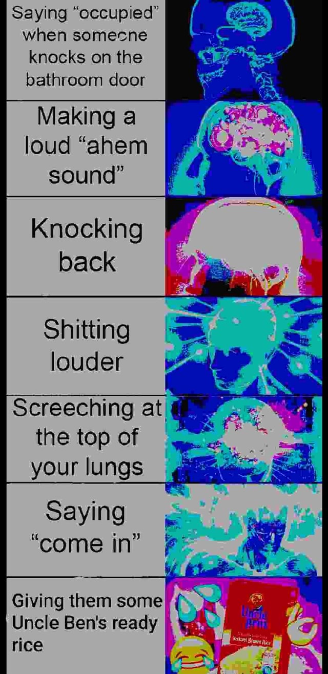 Saying “occupied“ when someone knocks on the bathroom door Making a ...