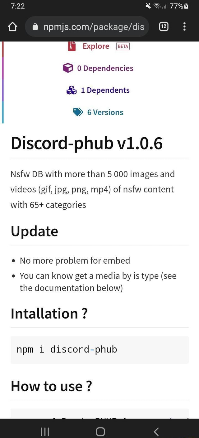 Explore 0 Dependencies & 1 Dependents 6 Versions Discord-phub v1.0.6 Nsfw DB with more than 5 ...
