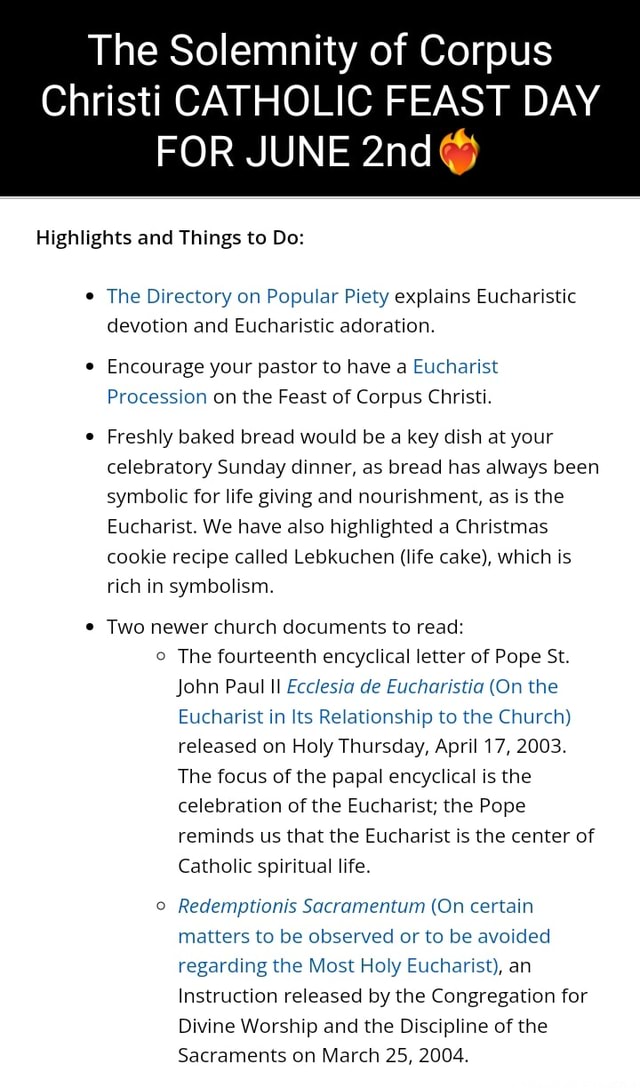 The Solemnity of Corpus Christi CATHOLIC FEAST DAY FOR JUNE Highlights ...