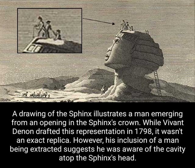 A drawing of the Sphinx illustrates a man emerging from an opening in ...