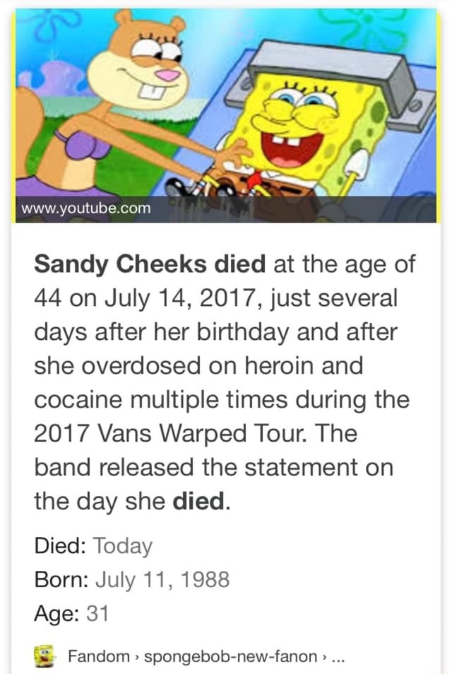 Sandy Cheeks died at the age of 44 on July 14, 2017, just several days ...