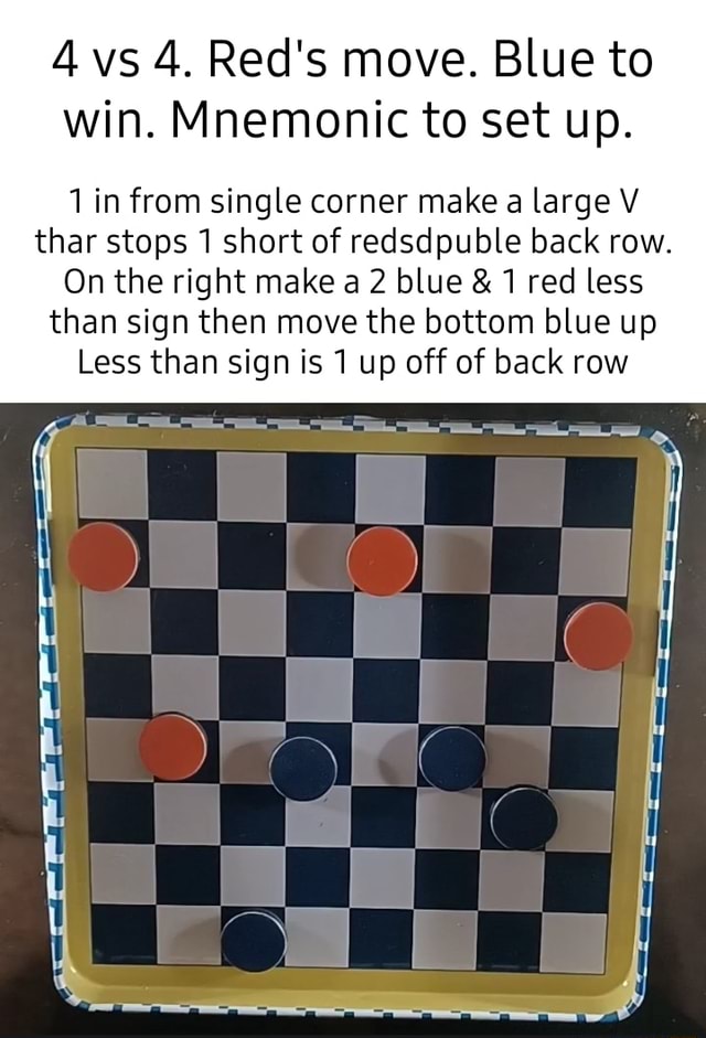4 vs 4. Red's move. Blue to win. Mnemonic to set up. 1 in from single ...