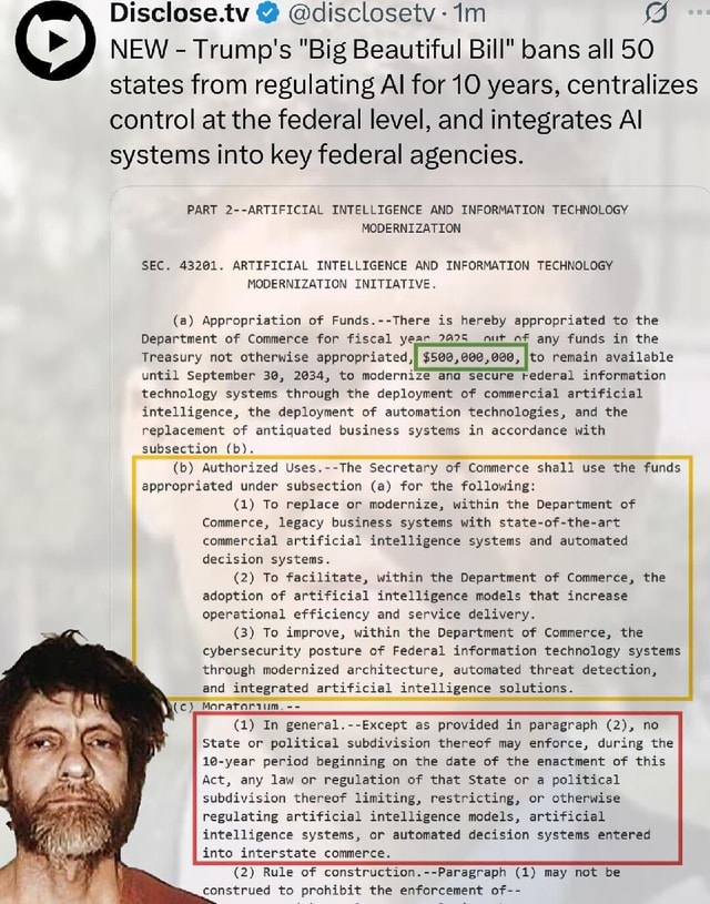 Disclose.tv @ @disclosetv - NEW - Trump's "Big Beautiful Bill" bans all ...