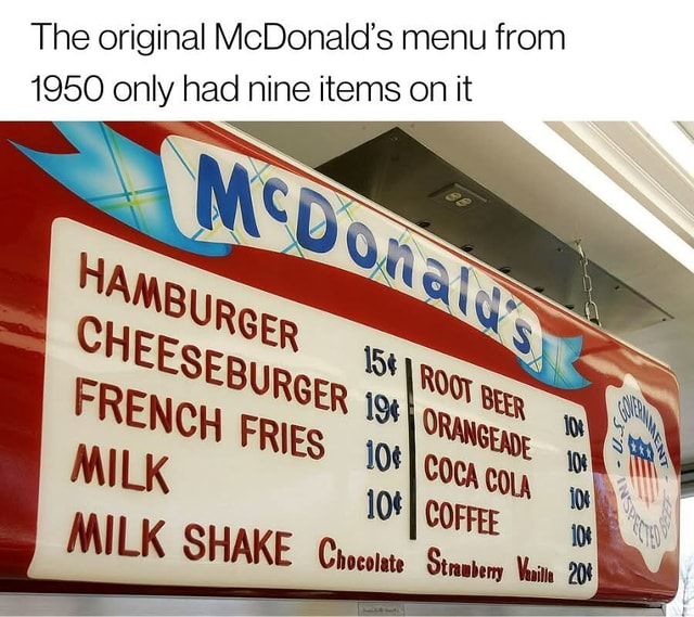 The original McDonald's menu from 1950 only had nine items on it O ...