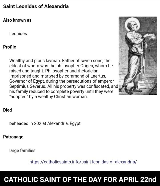 Saint Leonidas of Alexandria Also known as Leonides Profile Wealthy and ...